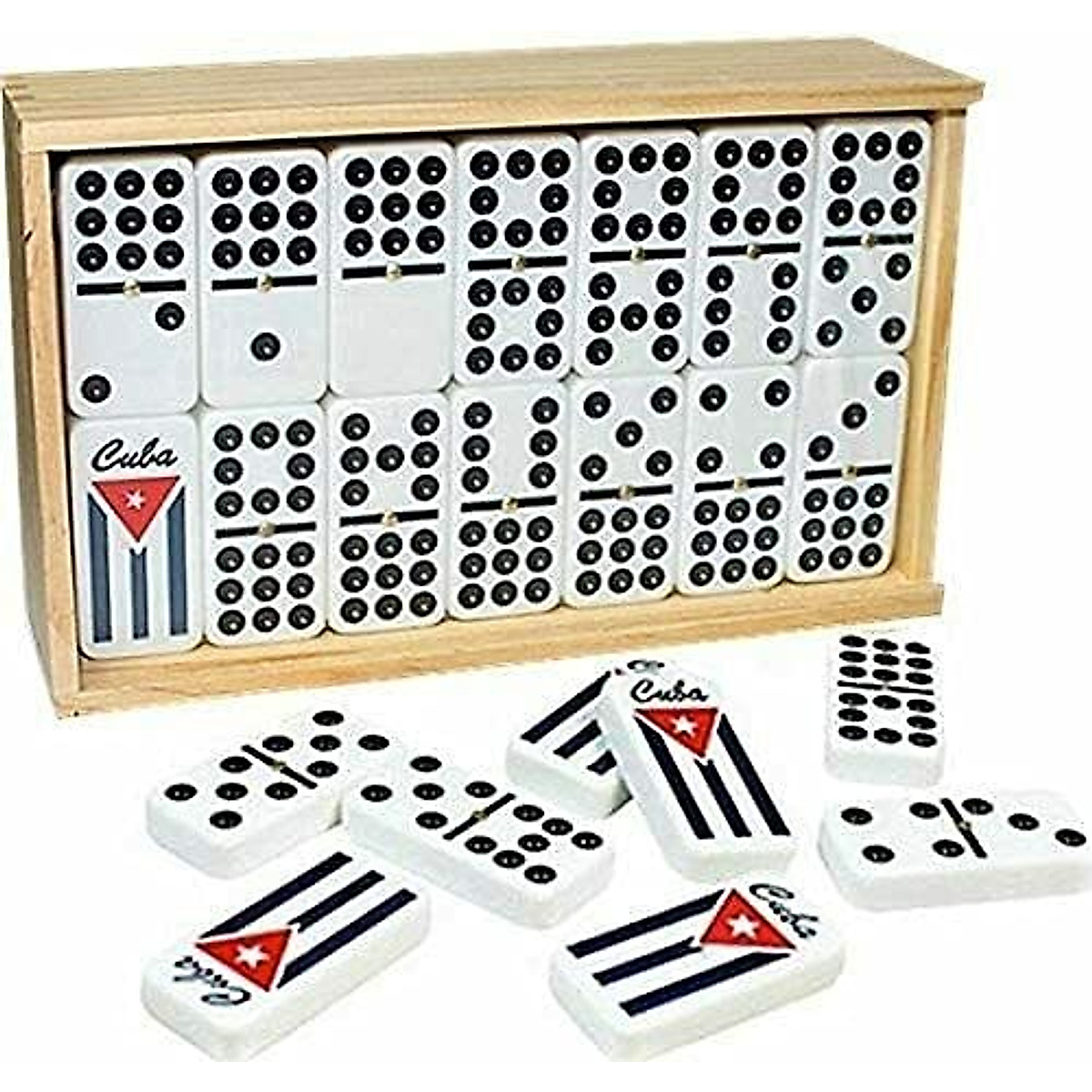 Bene Casa - Cuban Flag Double Nines Dominoes Set - 2-10 Players - Wooden Box with 55 Dominos