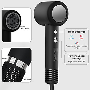 LOVEPS Hair Dryer with Diffuser, 110000 RPM Brushless Motor Ionic Blow Dryer, Portable Quiet Electric Hair Dryers Low Noise, Magnetic Nozzle, Fast Drying for Travel, Salon, Women Gifts - Black