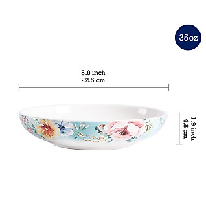 Bico Margret's Garden Ceramic 35oz Dinner Bowls, Set of 4, for Pasta, Salad, Cereal, Soup & Microwave & Dishwasher Safe