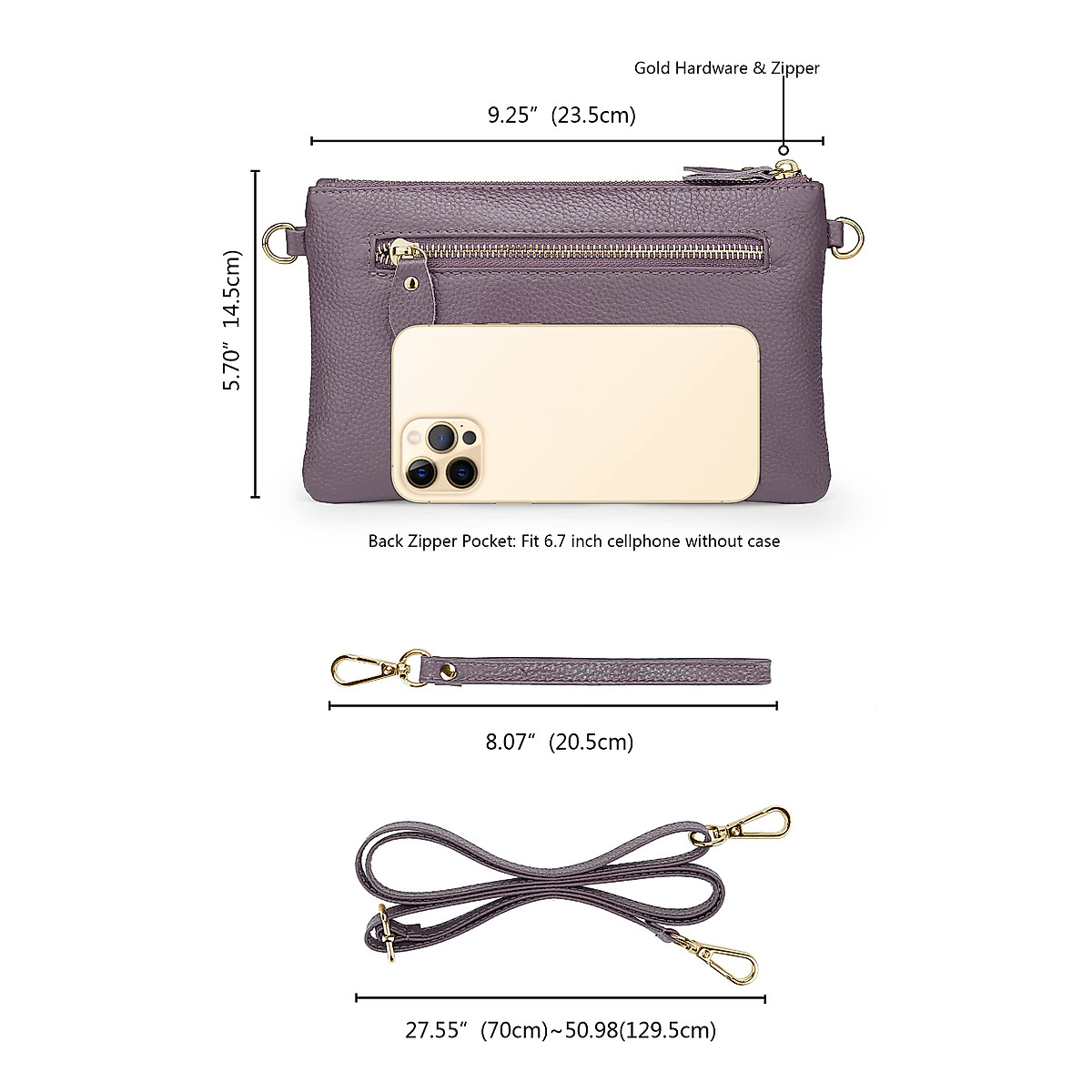 YALUXE Women Wristlet Clutch Genuine Full Grain Leather Crossbody Purse Smartphone Signature Wallet Strap