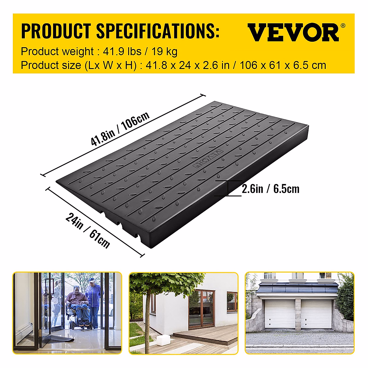 VEVOR , 2.6" Rise threshold ramp Doorway, 3 Channels Cord Cover Rubber Solid, Rubber Angled Entry Rated 2200Lbs Load Capacity for Wheelchair and Scooter