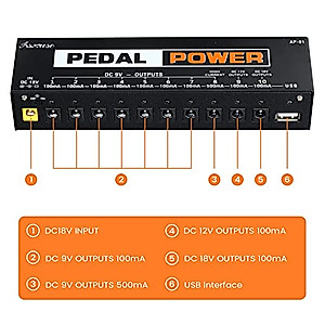 Asmuse Guitar Pedal Power Supply, 10 Isolated DC Output for 9V/12V/18V Guitar Bass Effects Pedals with Built-in USB Charging Port for Phone iPhone Pad iPad