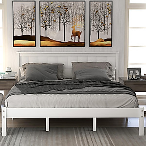 Aiuyesuo Modern Queen Size Platform Bed with Headboard, Wooded Platform Bed Frame with Strong Wood Slat Support, No Box Spring Needed, Easy Assembly (White-YU0OW)