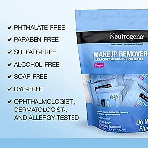 Neutrogena Makeup Remover Facial Cleansing Towelette Singles, Daily Face Wipes Remove Dirt, Oil, Makeup & Waterproof Mascara, Gentle, Individually Wrapped, 100% Plant-Based Fibers, 20 ct