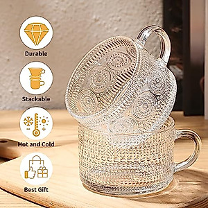 GUUTRY Vintage Coffee Mugs Set of 4: Glass Coffee Cups with Bamboo Lids and Spoons - 14 Oz Clear Embossed Glassware Tea Cups - Iced Coffee Glasses/Overnight Oats Container/Coffee Bar Accessories