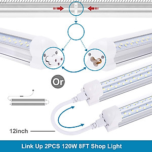 8FT 120W Linkable Shop Light Fixture, T8, 6000K, Clear Cover, V Shape, LED Shop Lights, Cold White, 8 Foot LED Tube Light, High Output, LED Light Bulb for Garage, Warehouse, Plug and Play,(12-Pack)
