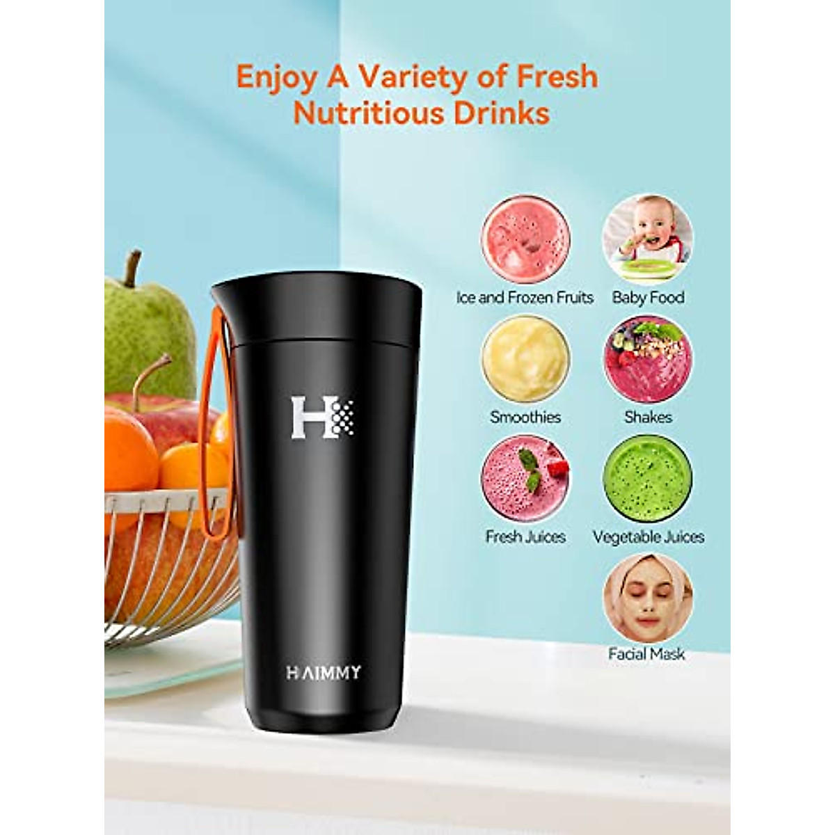 Portable Blender, Haimmy Stainless Steel Personal Blender for Smoothies and Shakes One-handed Fresh Juice Blender Cup USB Charging Mini Blender Ice Crusher for Gym, Travel, Office