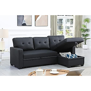 FANYE L-Shaped 3 Seater Reversible Sleeper Sectional Sofa Modern Smooth Faux Leather Tufted Upholstered Convertible Sofabed with Pull Out Sleep Couch Bed for Compact Space Living Room Sofa&Couch
