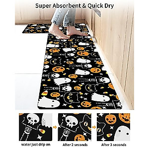 Black Halloween Bath Mat for Tub,Non Slip Bathroom Floor Runner Rug Quick Dry & Absorbent Diatomaceous Earth Shower Sink Kitchen Washable Doormat,Spooky Pumpkin Ghost Skull Cat Horror 18x30+18x48
