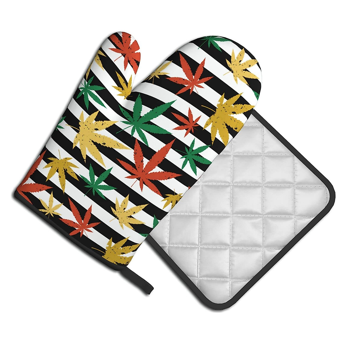 Oven Mitts and Pot Holders Sets Colorful Weed Oven Gloves Heat Resistant Potholders Washable Non-Slip BBQ Gloves with Hanging Loop for Women Men Kitchen Baking Cooking Grilling