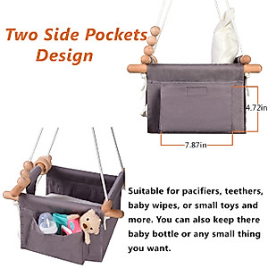 Baby Hammock Swings, Canvas Baby Hanging Swing with Safety Belt & Cotton Cushion Seat, Hanging 2 Side Pockets Safe Outdoor Swings