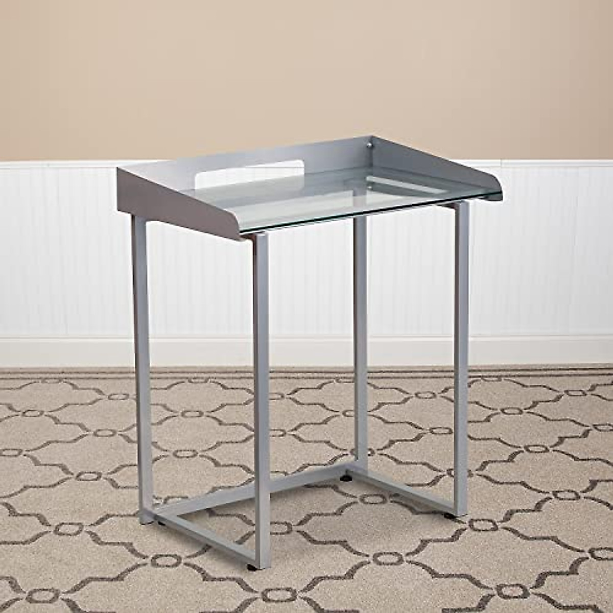 Flash Furniture Jayden Contemporary Clear Tempered Glass Desk with Raised Cable Management Border and Silver Metal Frame