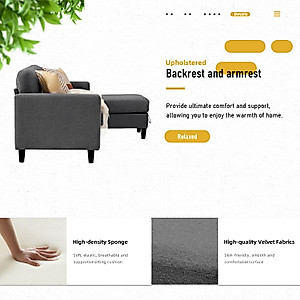 Homnso Modular Couch 3 Seat L Shaped Sofa,Convertible Sectional Sofa Couch with Reversible Chaise for Living Room Apartment,74inch,Dark Grey (L-Shape 3 Seater-Dark Grey)