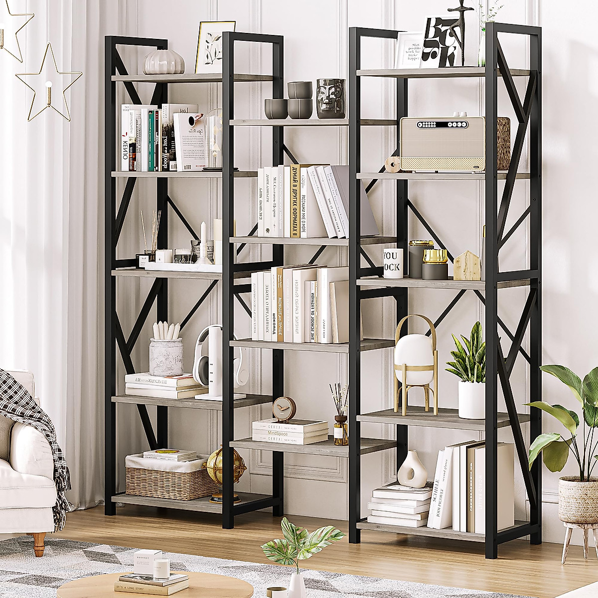 IDEALHOUSE Triple Wide 5 Tier Book Shelf, Tall Bookshelf with Open Display Shelves, Industrial Large Bookshelves and Bookcases with Metal Frame for Living Room, Bedroom, Home Office-Grey