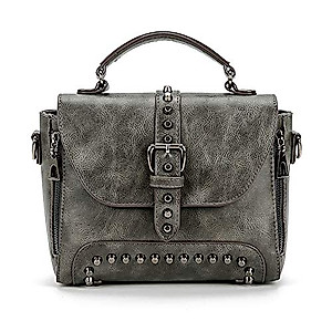 Mn&Sue Women Rivet Studded Crossbody Bag Vintage Top Handle Satchel Motorcycle Style Shoulder Messenger Purse for Lady (#1 Dark Grey)