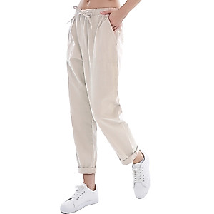 Women's Drawstring Linen Pants Women Elastic Waist Soft Cotton Cropped Linen Pant Large Khaki