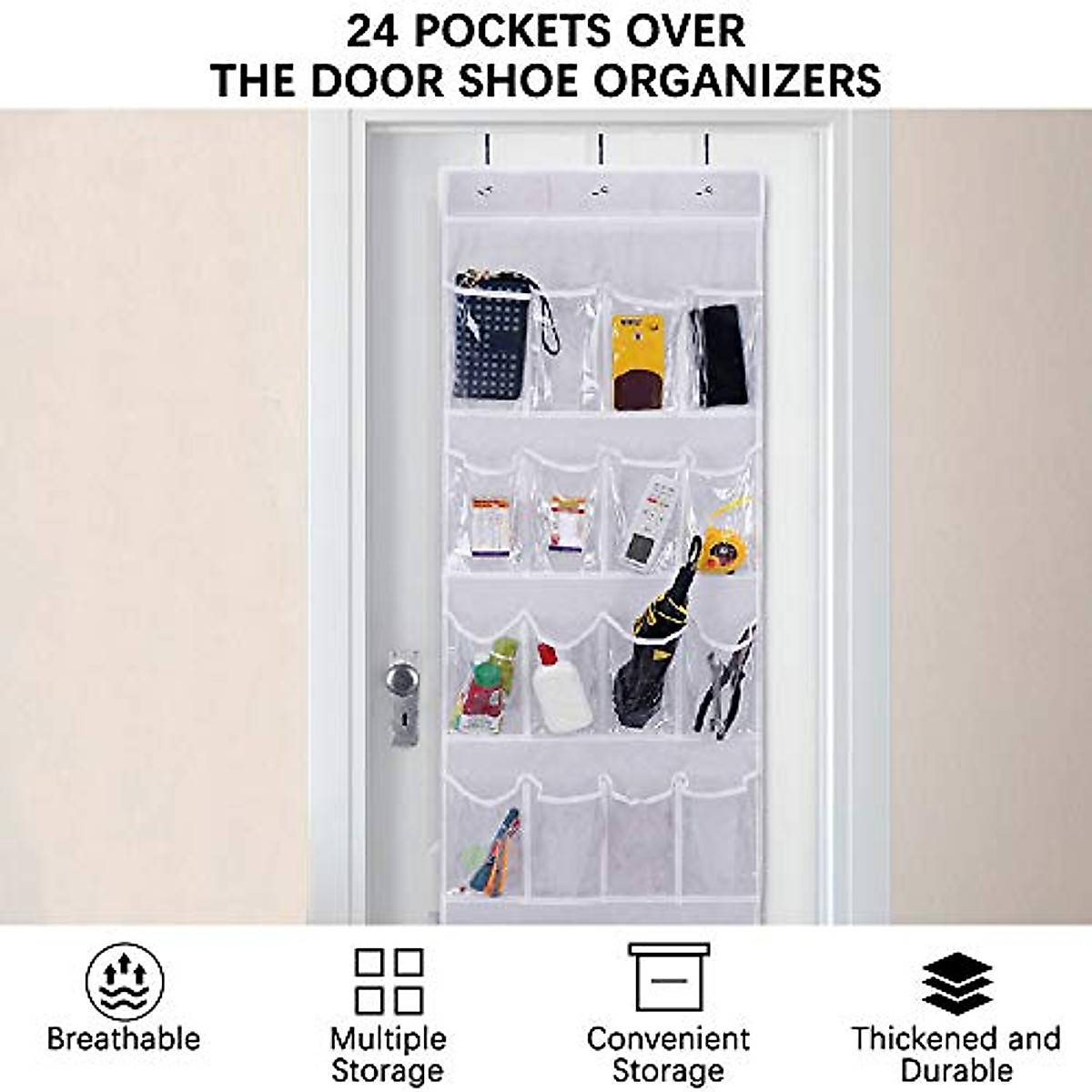 QUMENEY 24 Pockets Over the Door Shoe Organiser, Folding Hanging Organiser Shoe Racks with Hooks, Heavy-Duty Hanging Mesh Shoe Holder for Badroom, Bathroom, Wardrobe