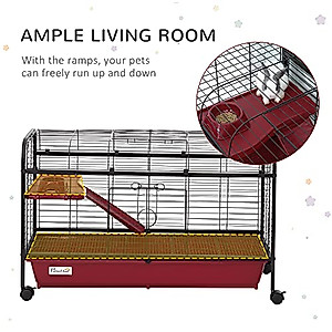 PawHut 41" L Small Animal Cage Rabbit Hutch Ferret Pet Play House with Feeder, Rolling Wheels, Platform, Ramp