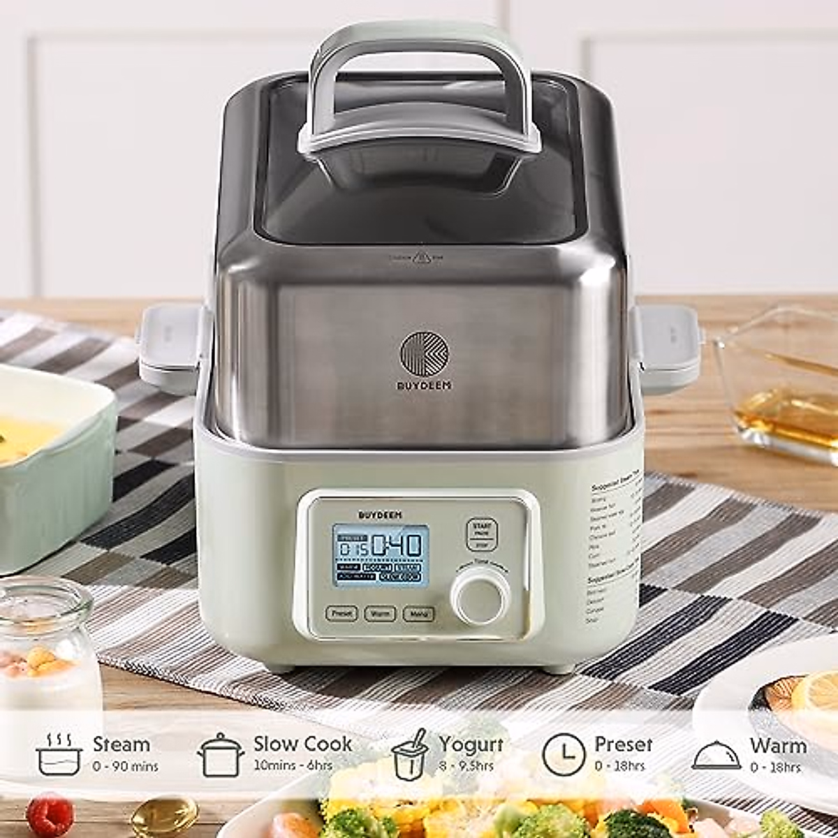 BUYDEEM G553 5-Quart Electric Food Steamer for Cooking, One Touch Vegetable Steamer, Digital Multifunctional Steamer, Quick Steam in 60s, Stainless Steel Steamer Tray, No Stew Pots Included