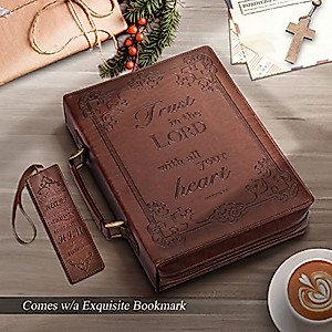 Classic Bible Cover, FINPAC Large PU Leather Carrying Book Case Church Bag Bible Protective with Handle, Perfect Gift for Men, Women, Father, Mother, Friends [Trust in The Lord] -Brown