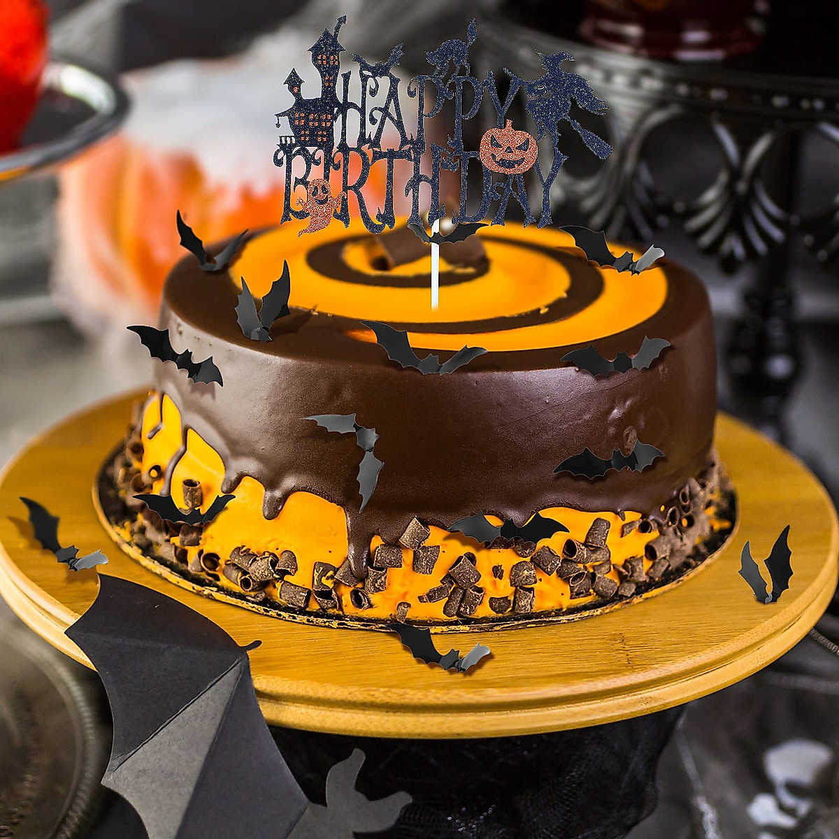 Halloween Happy Birthday Witch Cake Topper with 30 Pieces 3D Bats Cake Decoration Black Glittery Halloween Pumpkin Cake Topper Ghost Cake Picks for Birthday Halloween Party Supplies