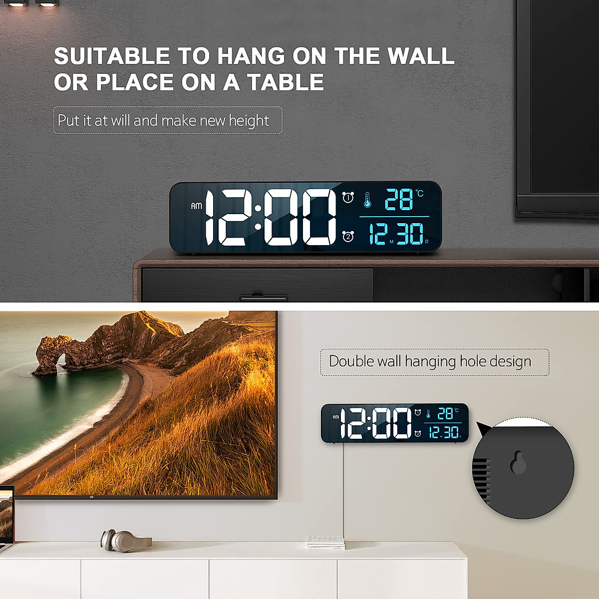Digital Clock, Clock for Bedroom, Digital Wall Clock, Clocks for Living Room Decor, Desk Clock, Table Clock, Digital Clock Large Display, Smart Alarm Clock for Office Blue (Wired Black+Blue Digit)
