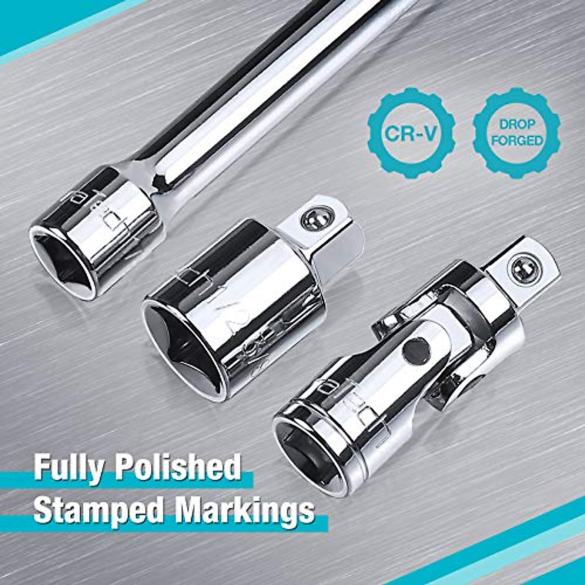 DURATECH 22-Piece Drive Tool Accessory Set, Including 1/4 3/8 1/2 Extension Bars, Socket Adapters, Universal Joints, Spark Plug Sockets, Professional Socket Accessories, Cr-V Steel, EVA Foam Package