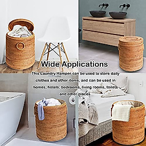 HQT Rattan Laundry Hampers, Premium Honey Brown Round Hand Woven Rattan Hamper, Waste Basket with Cotton Liner, Lid and Handle for Bedroom Living Room Bathroom Basket for Dry and Organic Waste