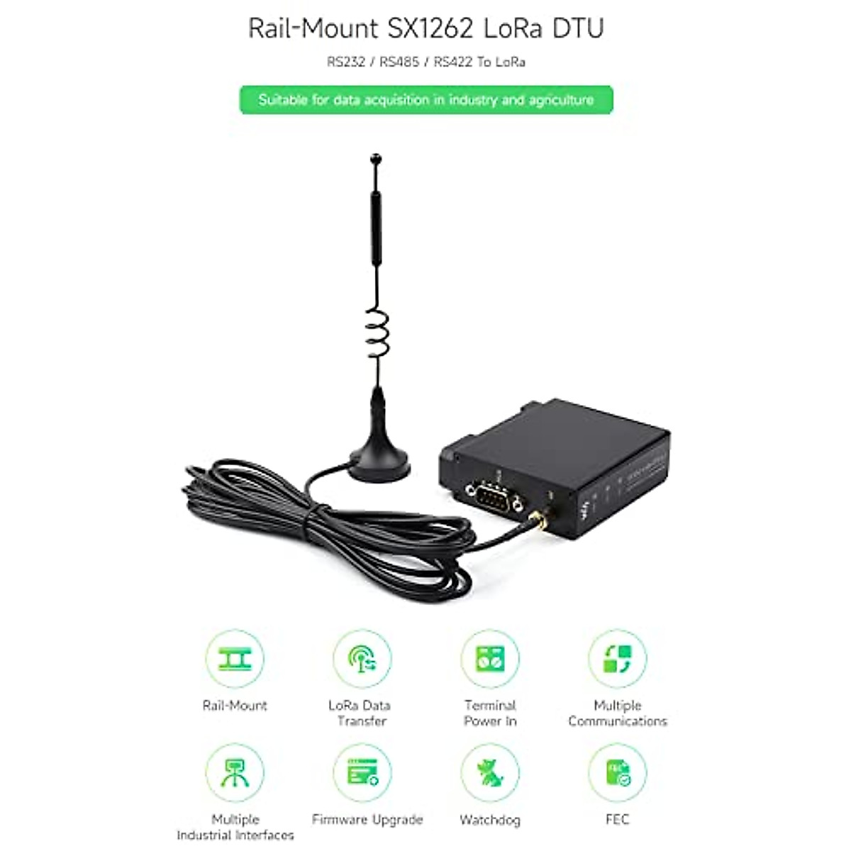 Waveshare Rail-Mount SX1262 LoRa Data Transfer Unit, RS232/RS485/RS422 to LoRa, Suitable for Sub-GHz Band HF Version