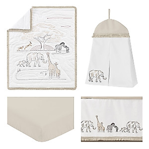 Sweet Jojo Designs Jungle Safari Animals Baby Boy Girl Nursery Crib Bedding Set Beige Brown Taupe Black and White Gender Neutral Animal Elephant Giraffe Wildlife Adventure Serengeti