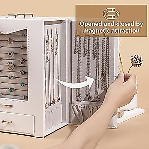 Homde Jewelry Organizer with Transparent Window Necklace Hooks Gift for Women Jewelry Box Display Case for Necklaces Rings Earrings Bracelets and Other Jewelry Accessories (White)