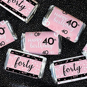 DISTINCTIVS Pink, Black, and White 40th Birthday Party Mini Candy Bar Wrappers - 45 Count, Pink Birthday Decorations for Women