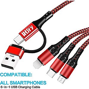 LHJRY 6 in 1 Multi Charging Cable 3Pack 4ft Multiple Charge Cord USB A/C to Phone USB C Micro USB Connector Charging Cord Compatible with Cell Phones Tablets and More - (Red,Black,Blue)