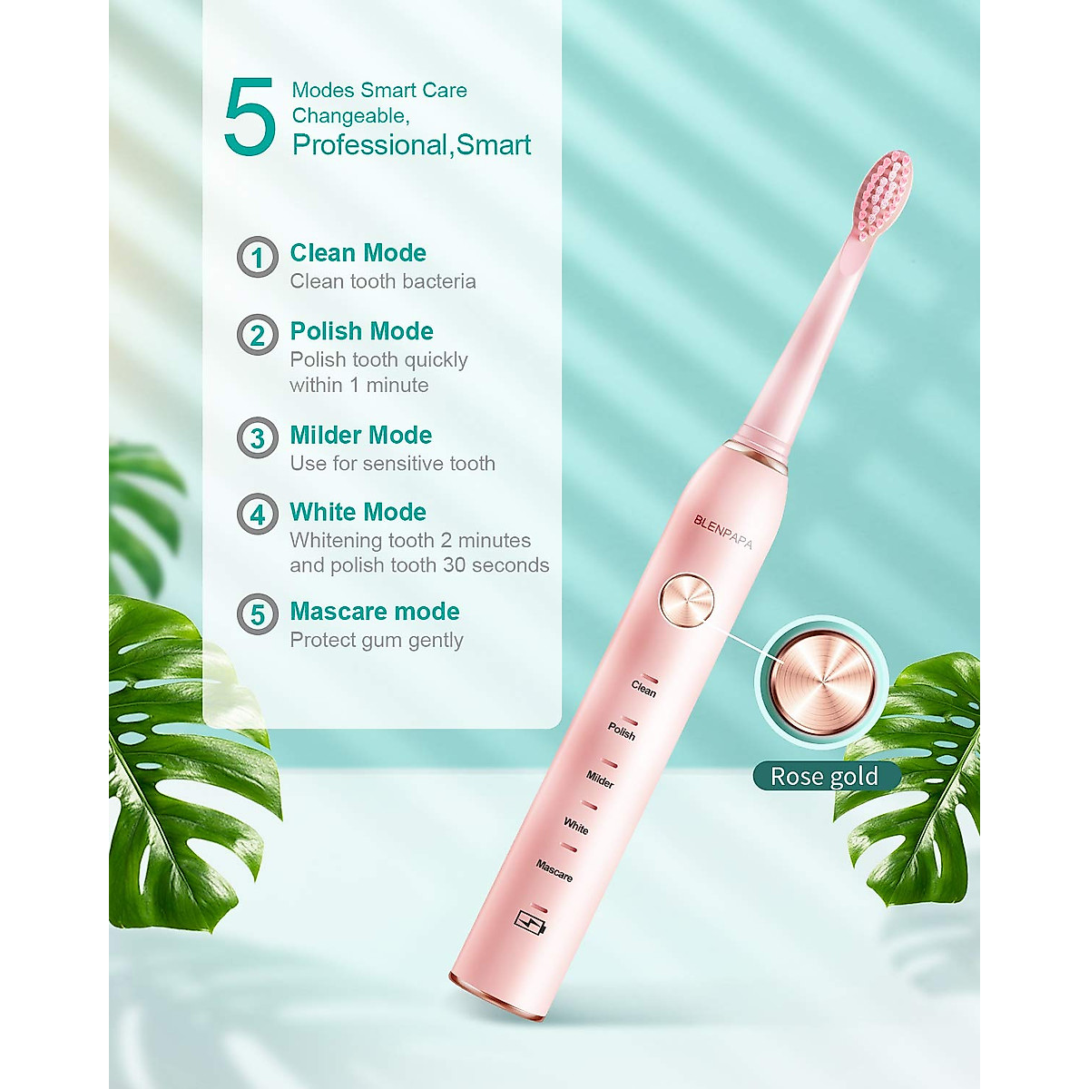 Blenpapa Sonicare Electric Toothbrush for Adults, Smart Cleaning and Whitening, 5 Modes Selection 38000VPM Rechargeable, with Dupant Brush Heads Suitable for Travel, 1 Count, Pink