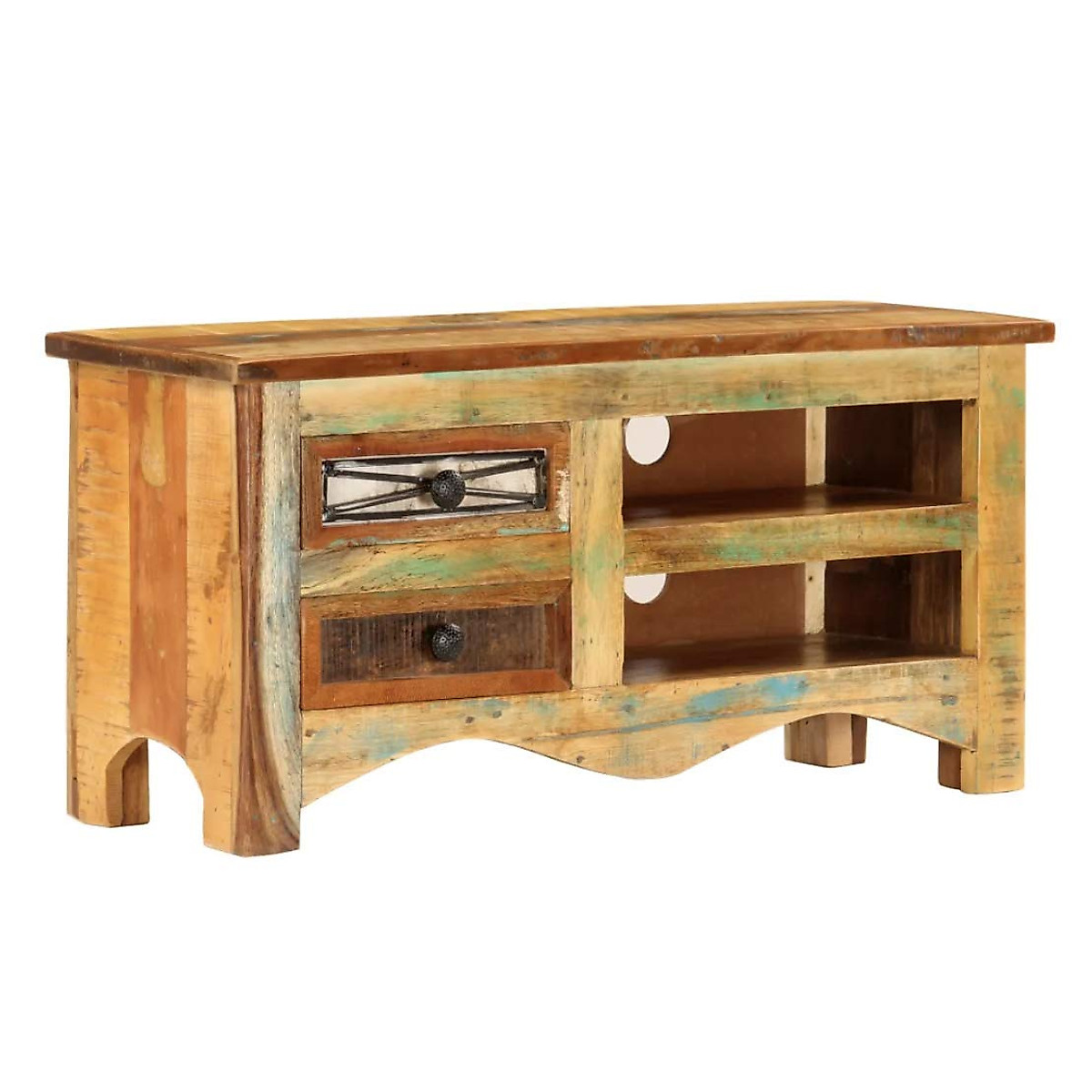 Rustic TV Stand Industrial Vintage Furniture Small Media Storage Cabinet Solid Wood Unit Antique Indian Sideboard Retro Side Low board 2 Drawers 1 Shelf Wooden Farmhouse Style Modern Large Living Room