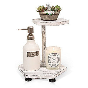 Tikea Hexagonal Wood Riser for Display, 2-Tier Farmhouse Wood Pedestal Stand for Kitchen Bathroom Counter Decor, Decorative Tray for Soap Dispenser, Candle and Plant
