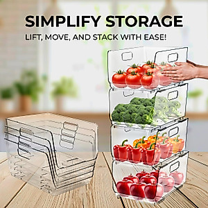 TidyFriend Plastic Stackable Bins for Pantry, 4 Pack Stacking Bins Open Front, Toy Organizers, Kitchen, and Bathroom Essentials (Clear- Hole Handle)