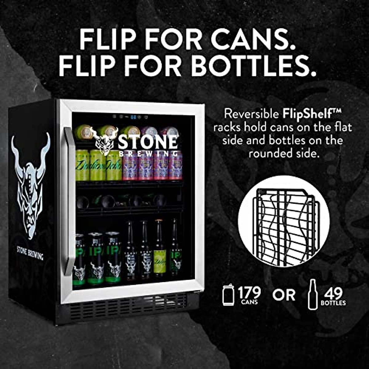 NewAir Stone Brewing 180 Can FlipShelf Beverage and Beer Refrigerator, 24” Built-In or Freestanding Wine Cooler with Reversible Shelves, Perfect for Bar, Gamer Room, or Office