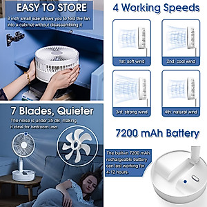 EZYDAYYI Battery Operated Floor Standing Fan Foldable Oscillating Desk Fan for Bedroom, Rechargeable 7200 mAh 8 inch Portable Small Room Fan Camping Travel Cooling Fan with Remote, Timer and 4 Speeds