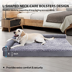 MIHIKK Orthopedic Pet Bed Deluxe Plush L-Shaped Couch with Waterproof Lining Bolster Sleeping Sofa with Removable Washable Cover & Nonskid Bottom for Jumbo Dogs, Gray