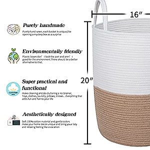 R RUNKA Extra Large Woven basket -16"x 20" Laundry Basket with Handle -Clothes Hamper, Laundry Hamper for Bedroom Living Room，Nursery Decor| Wicker Storage Basket - Off White & Jute