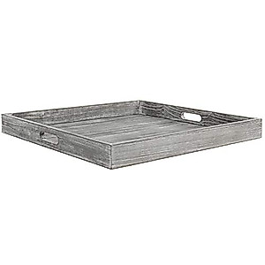 MyGift 19-inch Large Square Rustic Whitewashed Gray Wood Ottoman Tray with Cutout Handles
