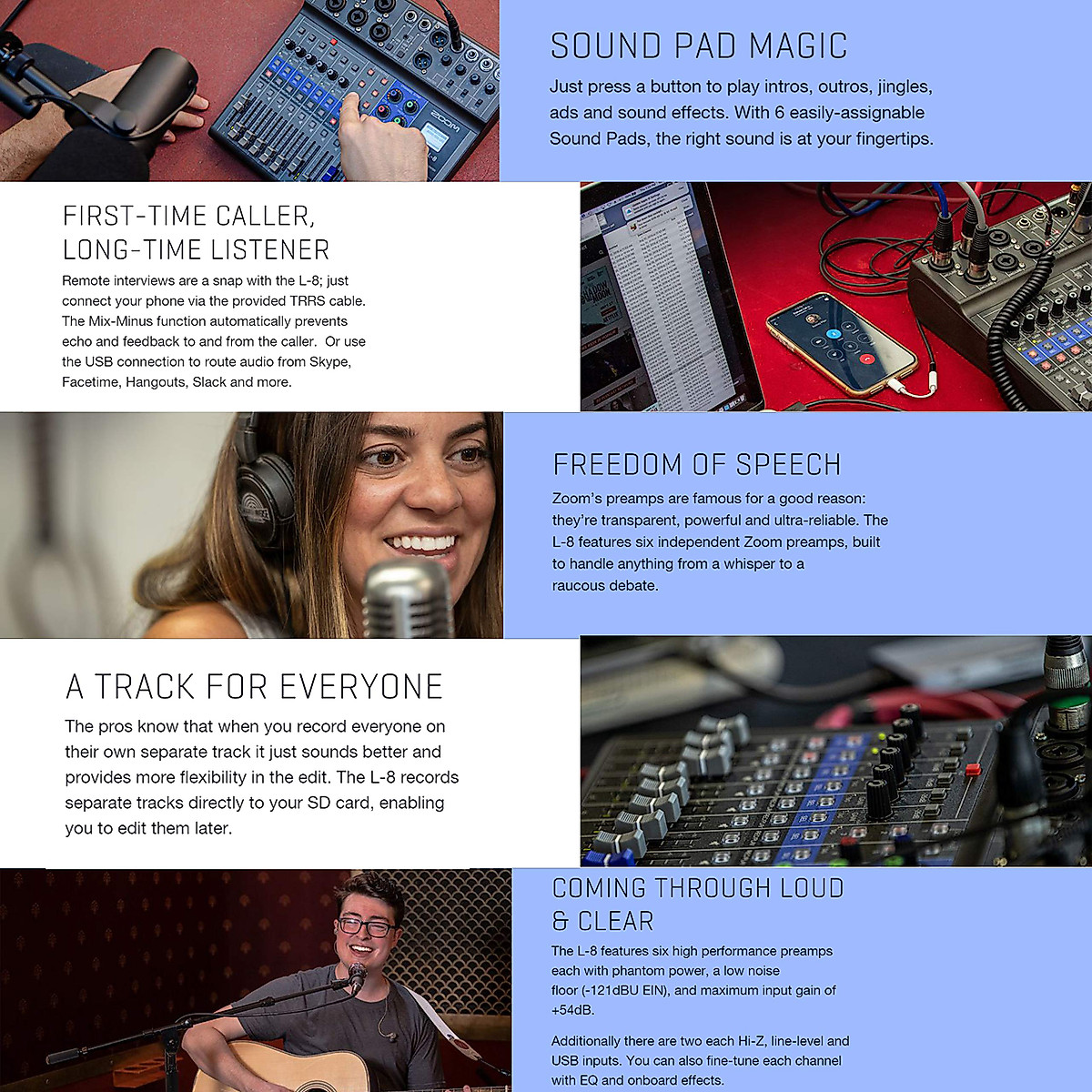 Zoom LiveTrak L-8 Portable 8-Channel Digital Mixer and Multitrack Recorder Bundle with 4x Zoom ZDM-1 Mic with Headphones, Windscreens and Stands + Cleaning Cloth – 4 Person Podcasting Bundle