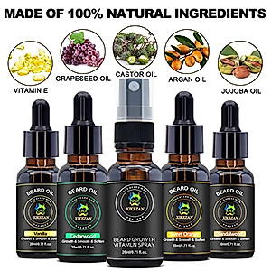 Beard Oil 5 Pack w/Unscented,Cedarwood,Sandalwood,Vanilla,Orange,Christmas Stocking Stuffers Fathers Valentines Day Gifts for Men Him Dad Boyfriend Husband,Beard Growth,Soften,Moisturizing,Strength