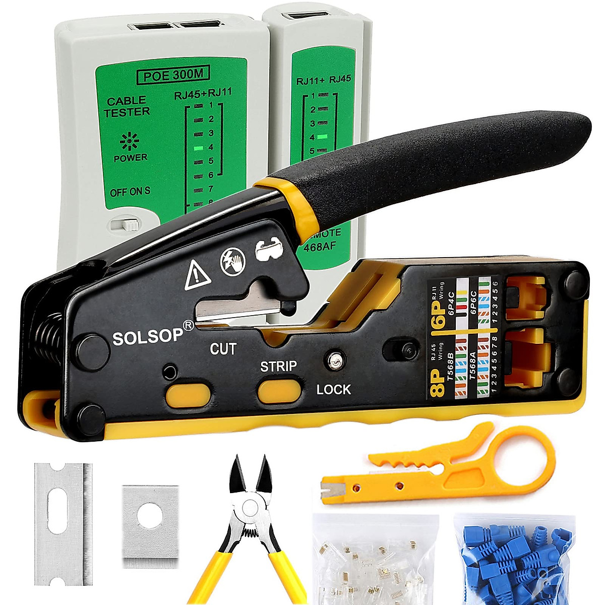 Solsop Pass Through RJ45 Crimp Tool Kit Ethernet Crimper CAT5 Cat5e Cat6 Crimping Tool Kit