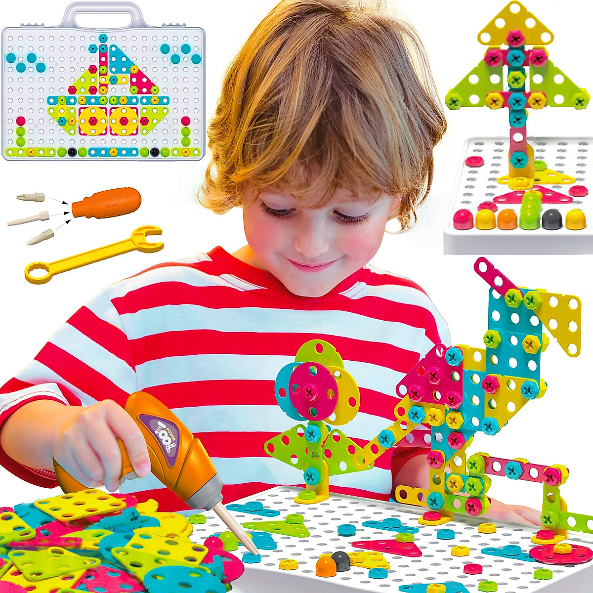 249 PCS STEM Learning Toys – Electric Drill DIY Educational Set, Creative Engineering with Various Shapes and 5 Toy Tools – 2&3D Mosaic Construction Kit for Toddlers, Boys and Girl Ages 3 4 5 6 7 8 9