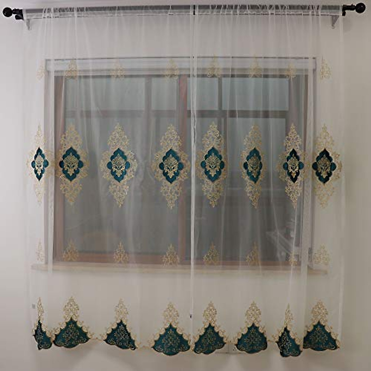SLOW SOUL 2 Panels European Luxury Curtains Velvet Embroidered Tulle for Living Room Kitchen Bedroom Sheer Curtain with Rod Pocket Teal Green 50W X 84L inch
