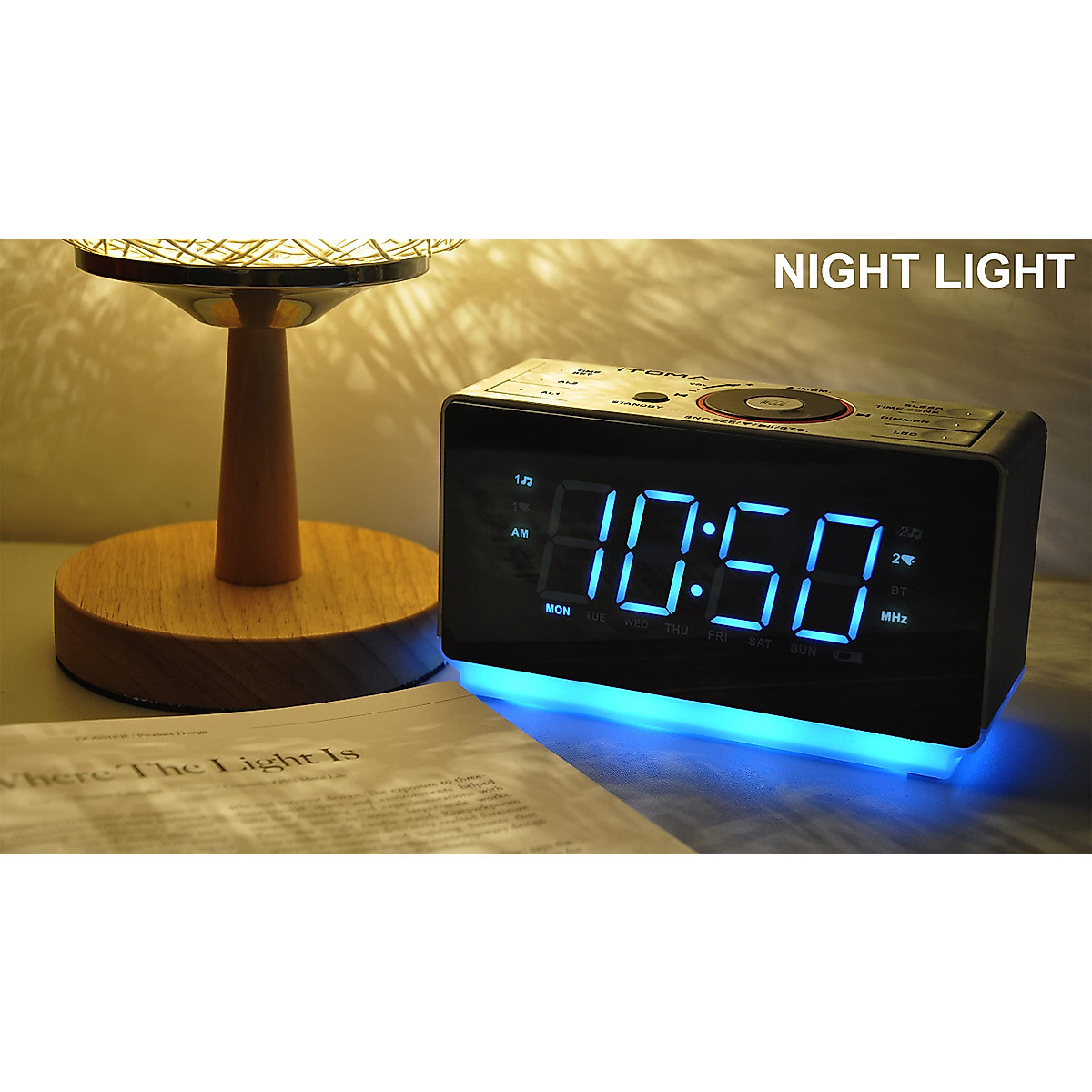 iTOMA Alarm Clock Radio with Bluetooth Speaker, FM Radio, Dual Alarm with Snooze, Large LED Display, Dimmer Control, USB Charging Output and Night Light CKS708