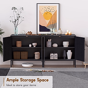 63" W Black Large Rattan Cabinet, Sideboard Buffet Cabinet with Natural Rattan Hand-Woven Doors, Accent Buffet Console Storage Credenza, for Living Room Hallway Kitchen, Metal Legs, Natural-2 Pieces