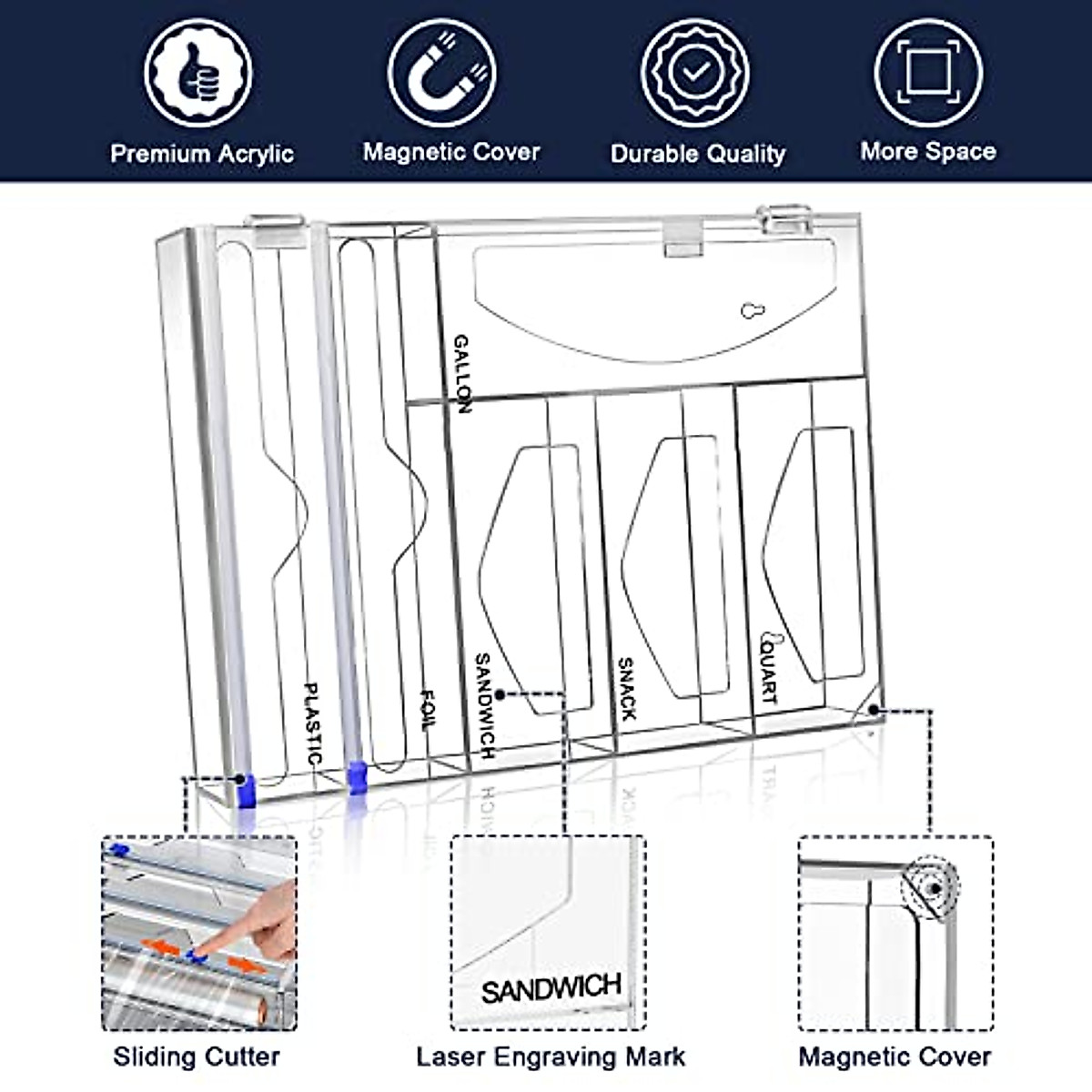 Imboxx 6 in 1 Foil Plastic Wrap Organizer Dispenser with Slide Cutter for Foil Wrap Ziplock Bag Storage Acrylic Organizer for Kitchen Drawer Suitable for Gallon Quart Sandwich Snack